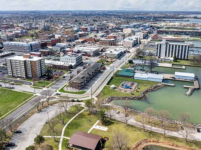 From above, Sandusky spreads between city and shoreline, where Lake Erie meets affordable living and endless sunsets.