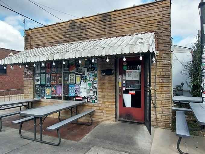 The red door beckons like a beacon of hope for anyone craving smoky meats and crispy Southern perfection.
