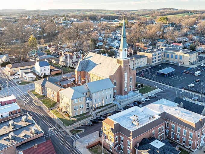 From above, church steeples pierce the sky while tree-lined streets weave through Missouri's oldest permanent settlement.