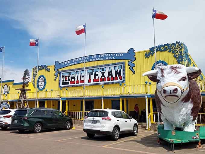 The giant steer statue greets you like an old friend who happens to weigh several tons and never blinks.
