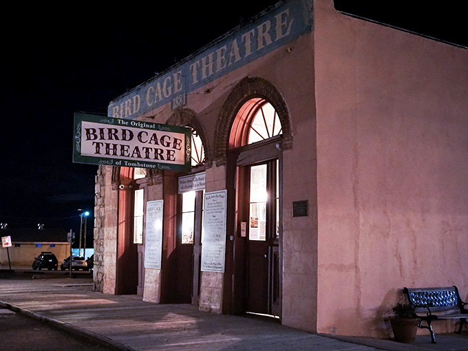 The weathered entrance stands ready to welcome brave souls into one of Tombstone's most legendary and haunted buildings.