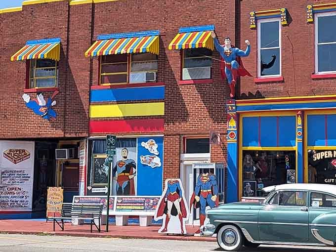 That vintage car parked outside makes this superhero shrine feel like stepping into a comic book time machine.