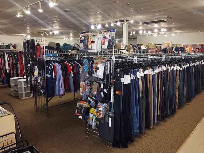 Rows of organized clothing stretch endlessly under bright lights, making every bargain hunter's heart skip a beat.