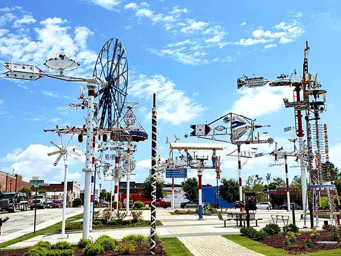 These towering whirligigs catch the wind and sunlight, creating a kinetic art show that never performs the same way twice.