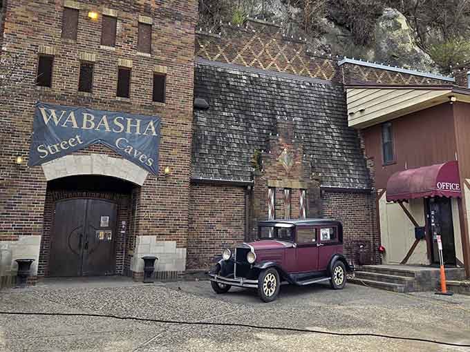 The burgundy Model A against weathered brick transports you straight back to Prohibition's most mysterious nights.