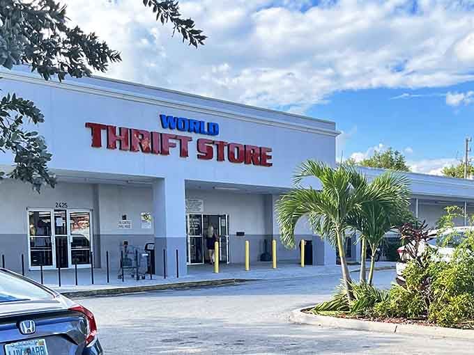 Palm trees frame the entrance perfectly, like nature's way of saying you've arrived at bargain paradise.