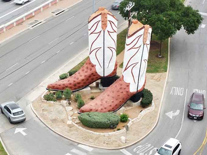 From above, these towering boots look like they're ready to two-step right across the city streets.