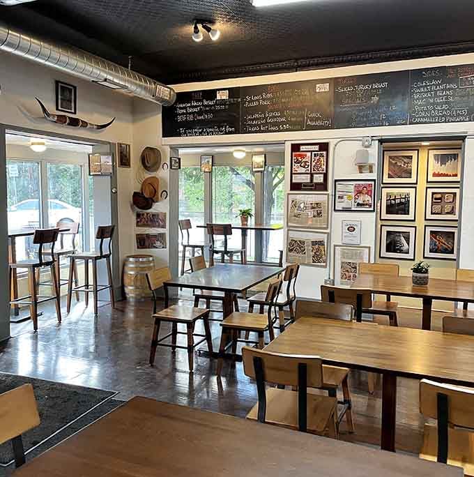 Simple wooden tables and barbecue memorabilia create the perfect no-frills atmosphere for serious meat consumption.