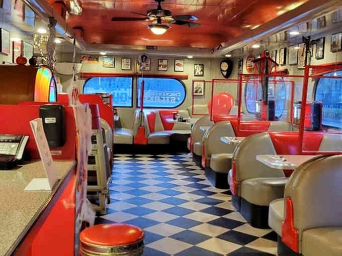 Red vinyl booths and checkered floors create the perfect setting for serious pancake consumption and milkshake appreciation.