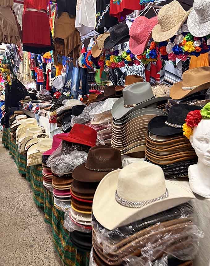 This hat tower reaches toward the heavens like a colorful, wearable Tower of Babel for aspiring cowboys.