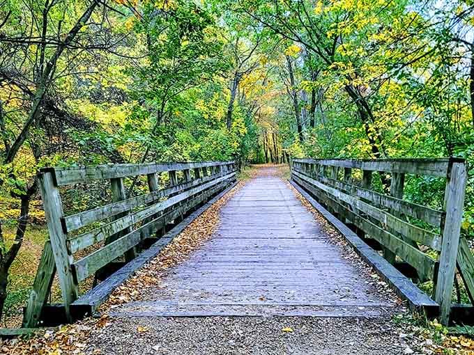 This boardwalk through fall foliage looks like something Bob Ross would paint during a particularly inspired episode.