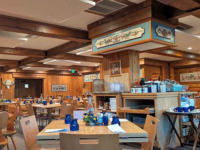 Wood beams and blue pottery create the kind of cozy atmosphere that makes you want to linger.