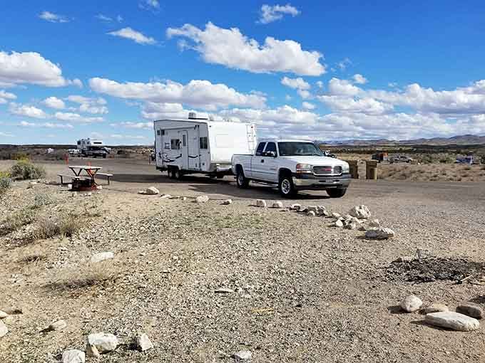 Your campsite awaits in splendid isolation, where the only traffic jam involves tumbleweeds and roadrunners passing through.