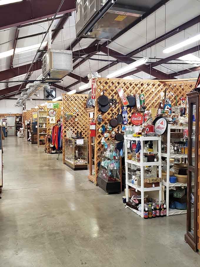 Inside, vendor booths stretch as far as the eye can see, each one a mini time capsule waiting to be explored.