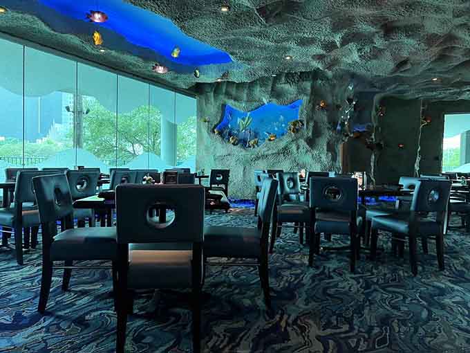 The ceiling makes you feel like Aquaman's interior decorator went absolutely wild with the budget.