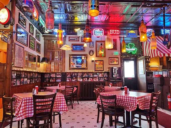 Walking into this neon wonderland feels like stepping into your coolest uncle's rec room, times a thousand.