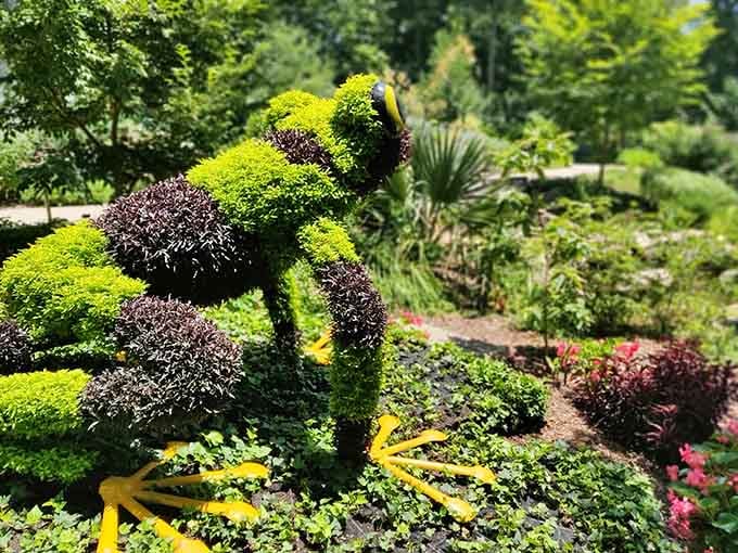 This cheerful frog looks like he's about to break into song, Disney-style, surrounded by his colorful plant kingdom.