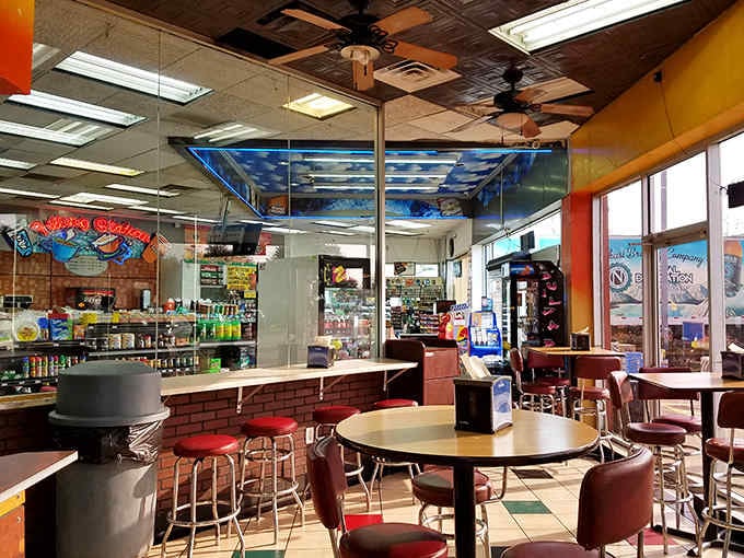 Gas station seating has never looked this inviting, with real tables and chairs that actually want you to stay.