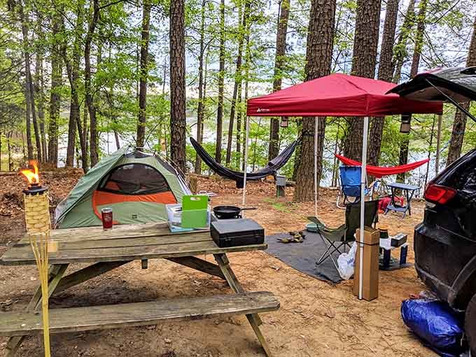 This campsite setup has more hammocks than a Caribbean resort, and we're not complaining one bit.