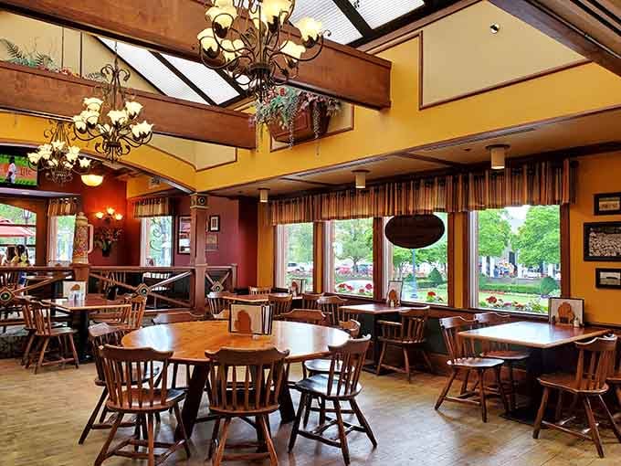 Exposed beams and warm lighting create the kind of cozy atmosphere where calories don't count and seconds are encouraged.