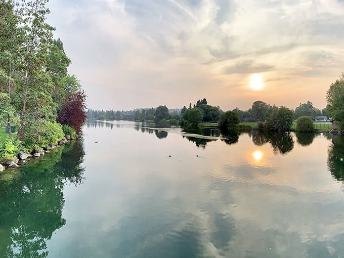 Mirror Pond at sunset, where the Deschutes River pauses to admire itself before continuing its journey downstream.