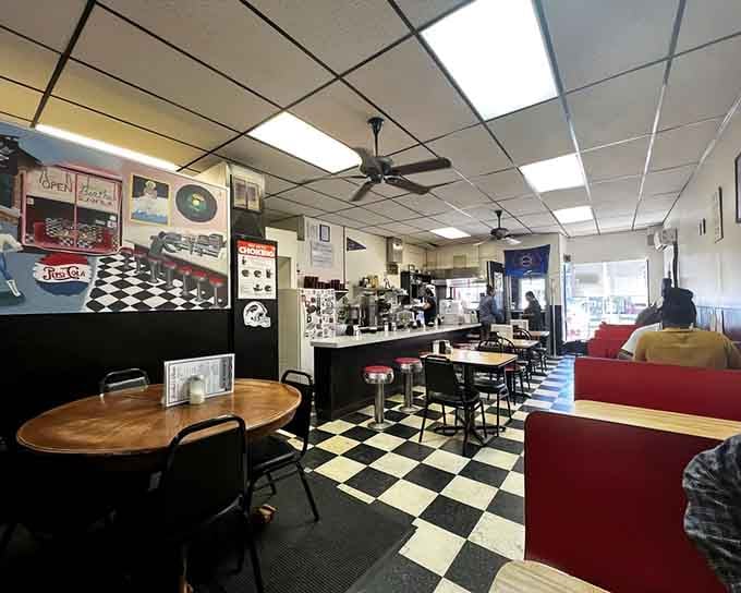 Checkered floors and chrome stools create the perfect setting for your next great breakfast adventure.