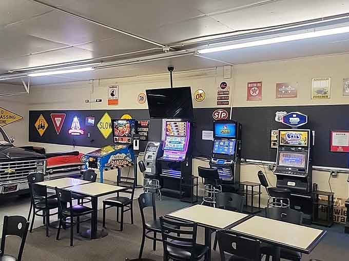 Vintage signs, slot machines, and checkered floors create the perfect backdrop for your barbecue adventure.