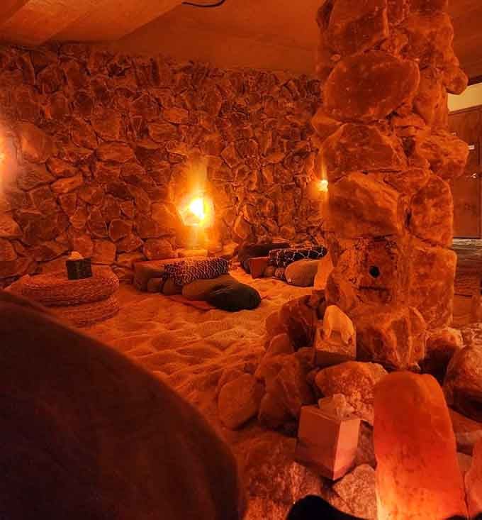 The warm peachy glow from these salt-covered walls makes you feel like you're relaxing inside a perpetual sunset, minus the mosquitoes.