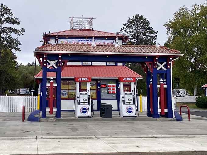 Those vintage-style gas pumps prove that filling up can still have personality and charm.