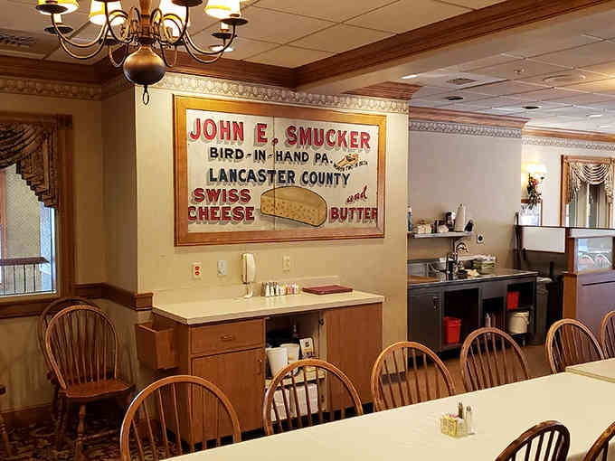 That vintage John E. Smucker sign isn't just decoration, it's a reminder that Lancaster County takes its cheese and butter seriously.