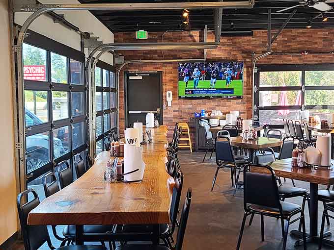 Wood tones and TVs create the perfect backdrop for serious meat consumption and casual conversation alike.