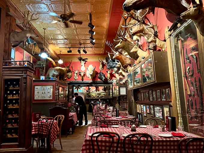 Walking into this dining room is like stepping into your great-grandfather's favorite saloon, if he had excellent taste in decor.