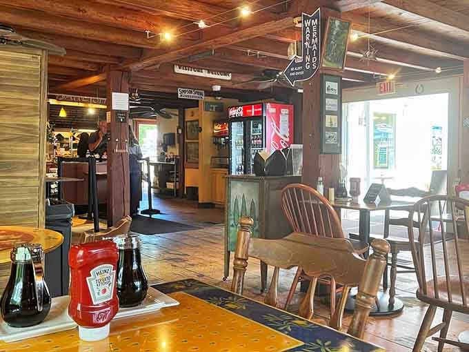 Exposed beams, wooden floors, and mismatched chairs create the kind of cozy atmosphere where lingering is encouraged, not frowned upon.