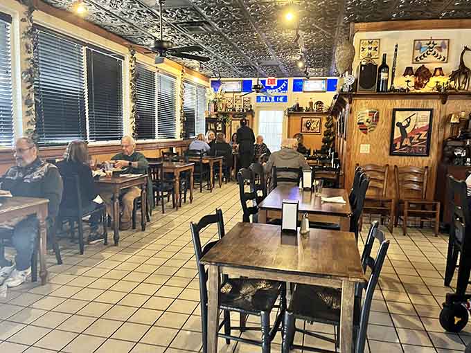 The decorative tin ceiling and cozy atmosphere prove that strip mall restaurants can have more personality than most downtown establishments.