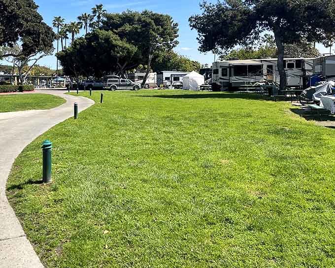 Lush green grass stretches toward shady trees and parked trailers, all set under a bright blue sky for a perfect day.