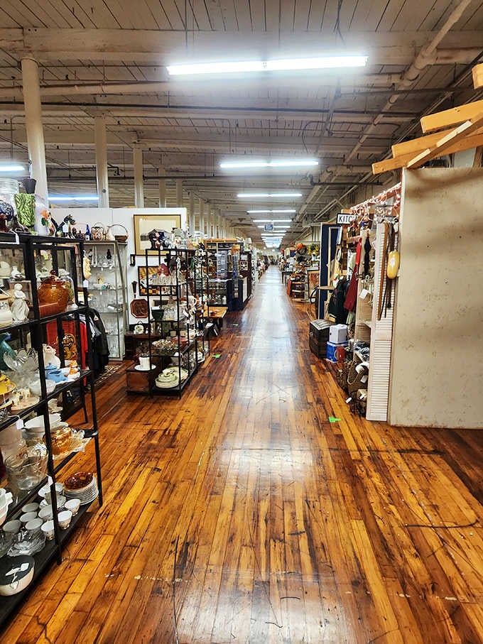 Those gleaming wooden floors stretch endlessly ahead, practically daring you to explore every single booth without stopping.