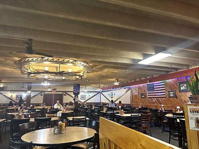 The spacious dining room at Catfish Deweys proves you need elbow room when tackling an all-you-can-eat seafood mission.