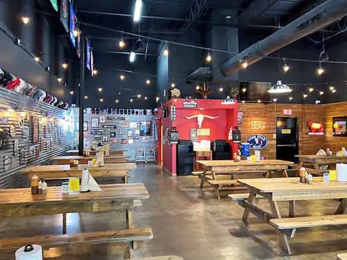 String lights and picnic tables create the perfect setting for what's about to be a very messy, very happy meal.