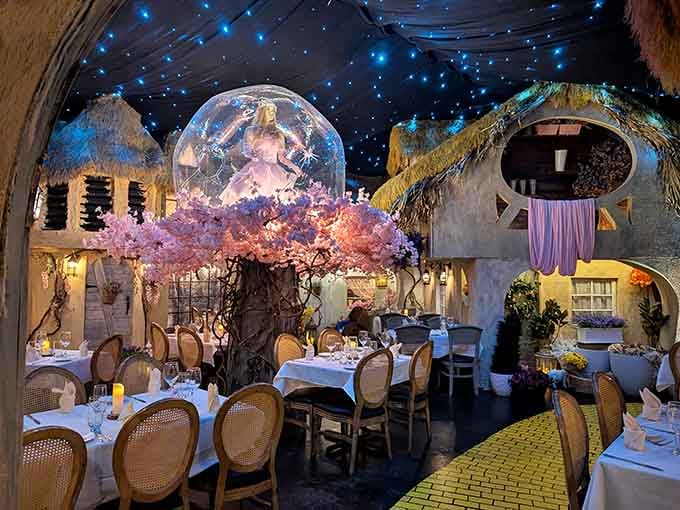 A giant snow globe, cherry blossoms, and twinkling stars overhead prove that dinner can be theater without actors.