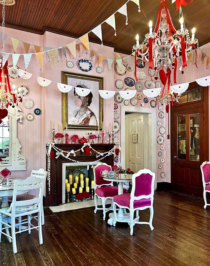 Step inside where chandeliers sparkle, pink walls charm, and every corner whispers "you're definitely not in Kansas anymore."