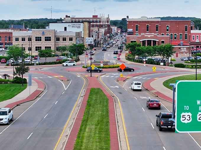 This roundabout welcomes you to town with more grace than most cities manage with their entire downtown planning committee.