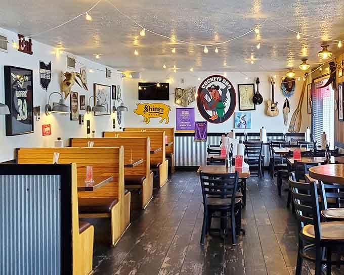 String lights and eclectic wall art create a vibe that's part roadhouse, part family reunion, all delicious.