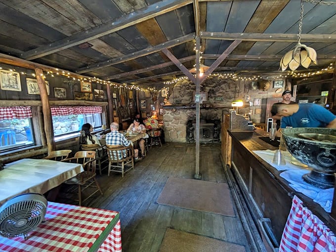 Inside feels like your great-grandfather's favorite saloon, assuming he had excellent taste in checkered tablecloths and rustic ambiance.