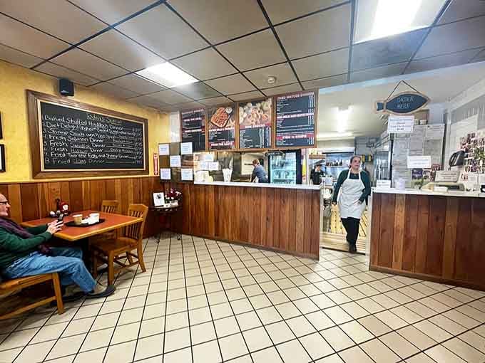 Wood paneling and tile floors create the perfect no-nonsense setting for serious seafood consumption.