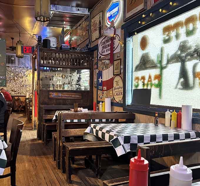 Inside, it's like your cool uncle's garage met a roadhouse and decided to serve half-pound burgers forever.