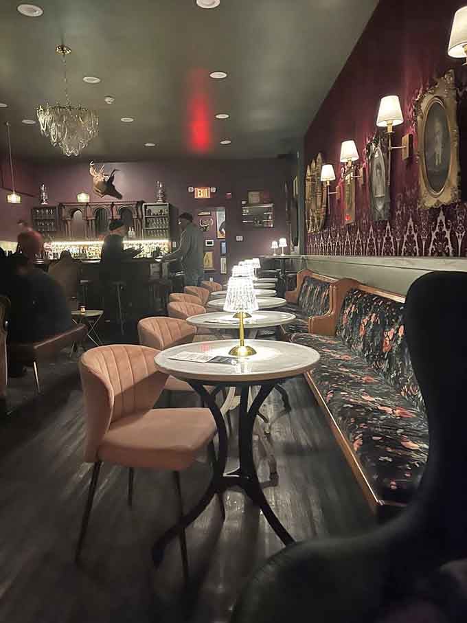 Those blush-pink chairs and moody lighting create an atmosphere that's part Gatsby, part modern romance, all Pennsylvania charm.