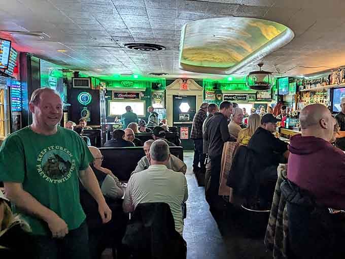 Inside Dagwood's, the green accents and bustling crowd tell you this place knows what it's doing.