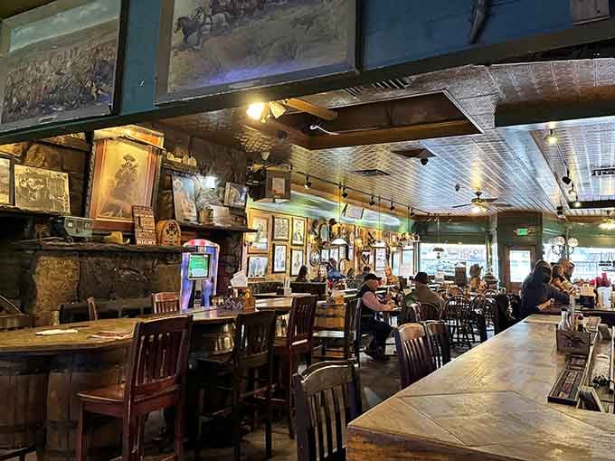 Every inch of wall space tells a Wild West story, making this the only restaurant where looking up is just as entertaining as looking down at your plate.