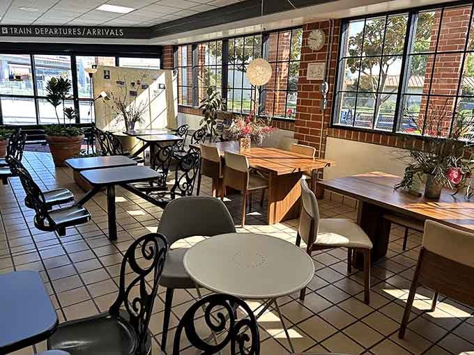 Sunlight streaming through those windows like a European train station, minus the stress of missing your connection.