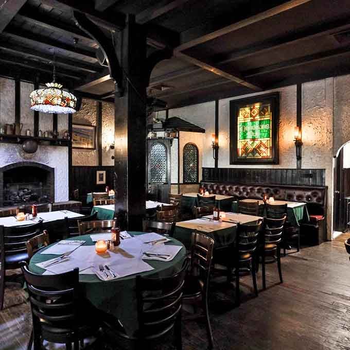 Dark wood, stained glass, and a fireplace that actually works, this is pub perfection personified.